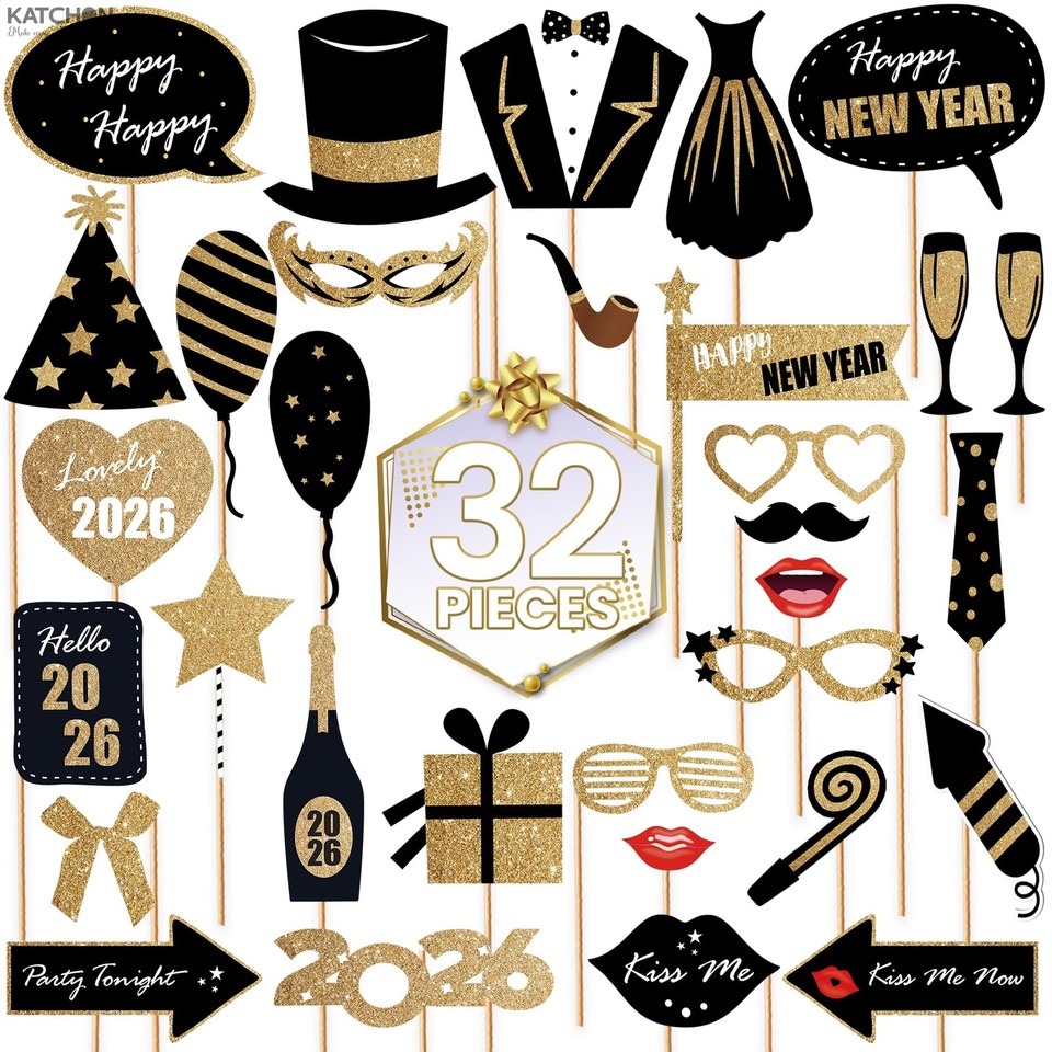 , Glitter New Years Photo Booth Props 2026 - Pack of 32 | New Years Eve ...