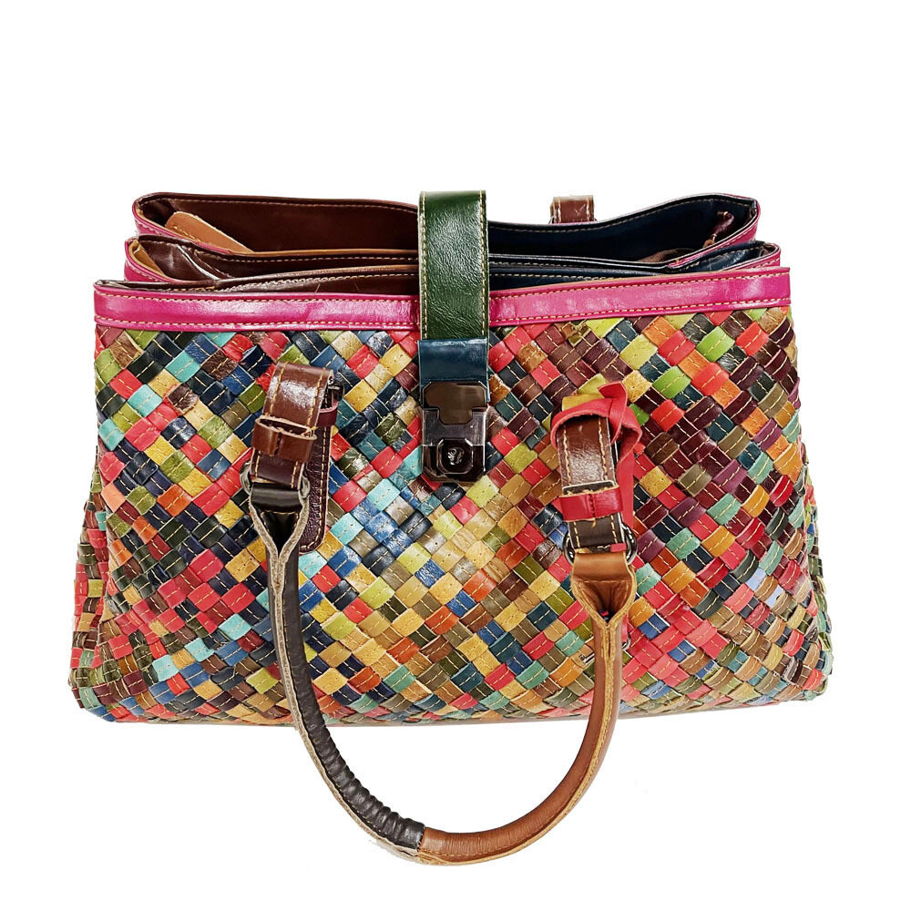 Womens Multi-color Leather Hand-woven Handbag Shoulder Messenger Bags ...