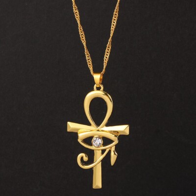 Gold Eye of Horus / Ra Ankh Cross Pendant Necklace Egyptian Jewelry ...