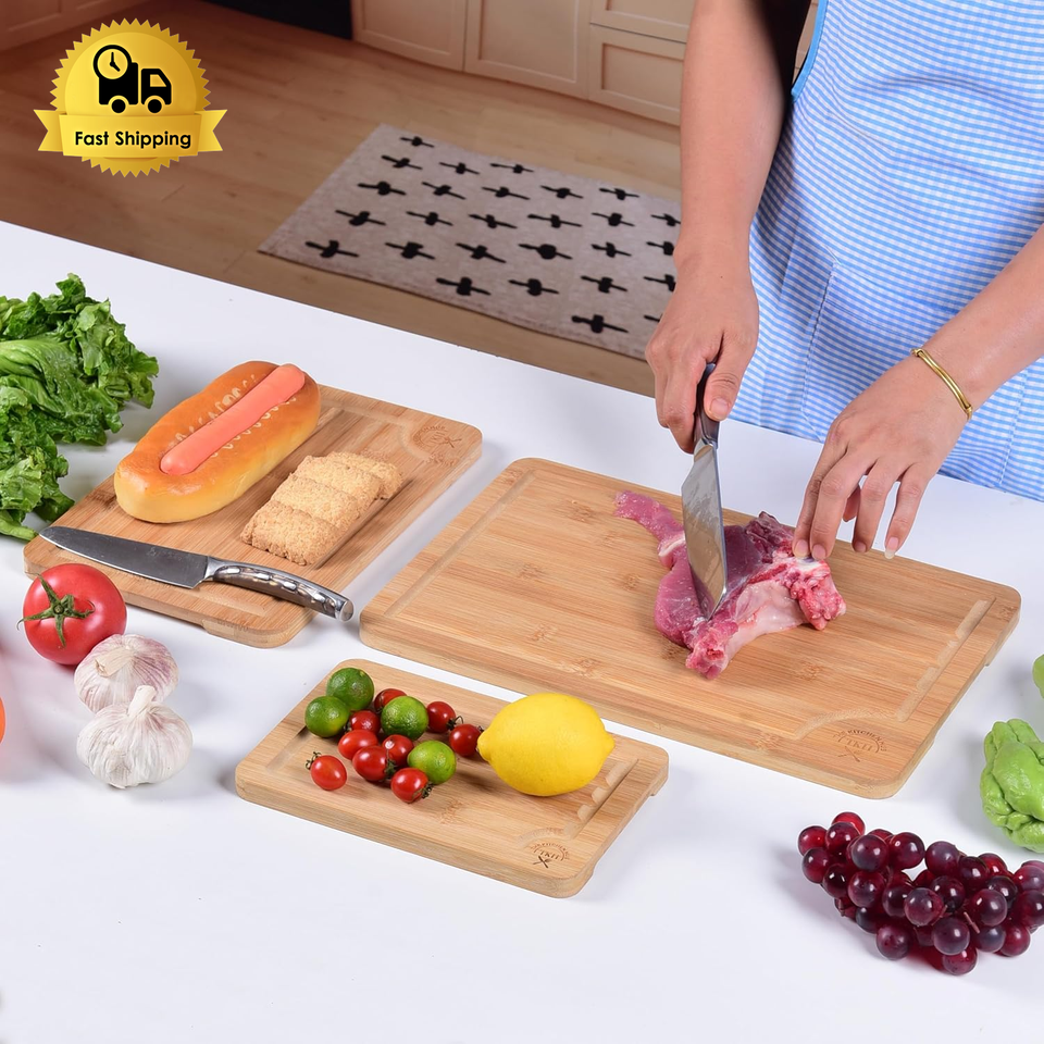 3 Piece Bamboo Chopping Board Set Wooden Cutting Boards Reversible ...