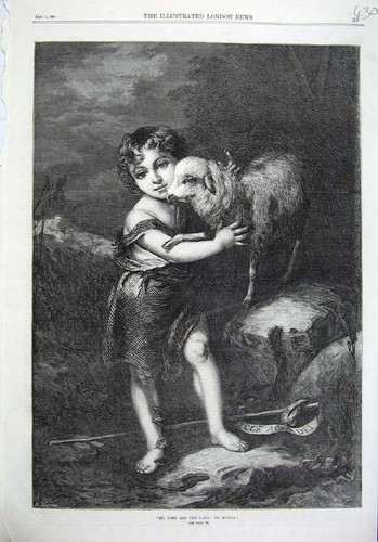 Original Old Antique Print Fine Art 1870 St John Lamb Little Boy Sheep ...