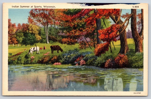Sparta Wisconsin~Indian Summer Scene~Cows Alongside Creek~Vintage Linen ...