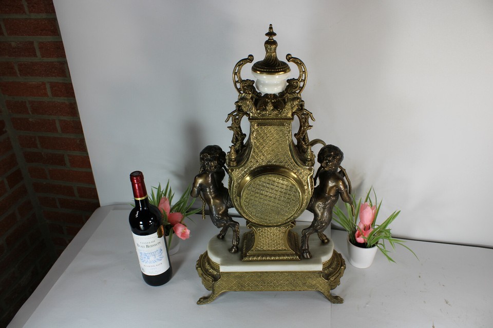 XL Bronze marble Faun putti cherub mantel clock | eBay Australia