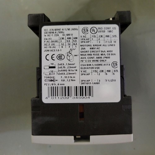 Contactor Replacement For Siemens 3RT1017-1AK61 3RT10171AK61 60Hz 400V ...