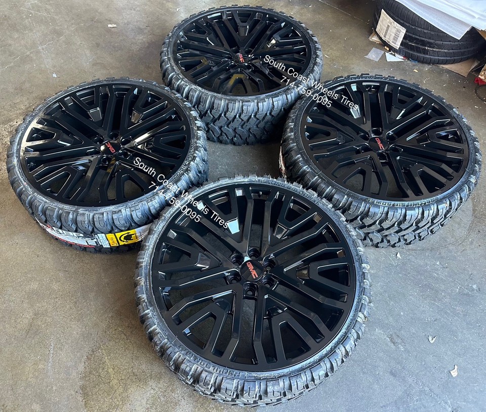 26” NEW 2024 SIERRA YUKON BLACK MESH WHEELS TAHOE SILVERADO 33” MT Mud ...