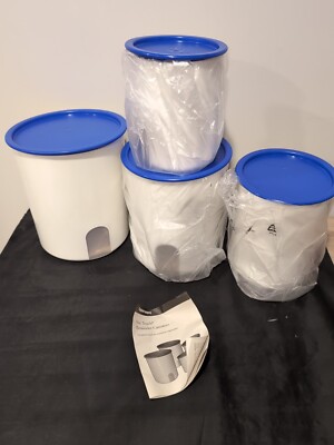 4 Tupperware CANISTERS Blue FLOUR SUGAR COFFEE TEA One Touch 2416 2418 ...