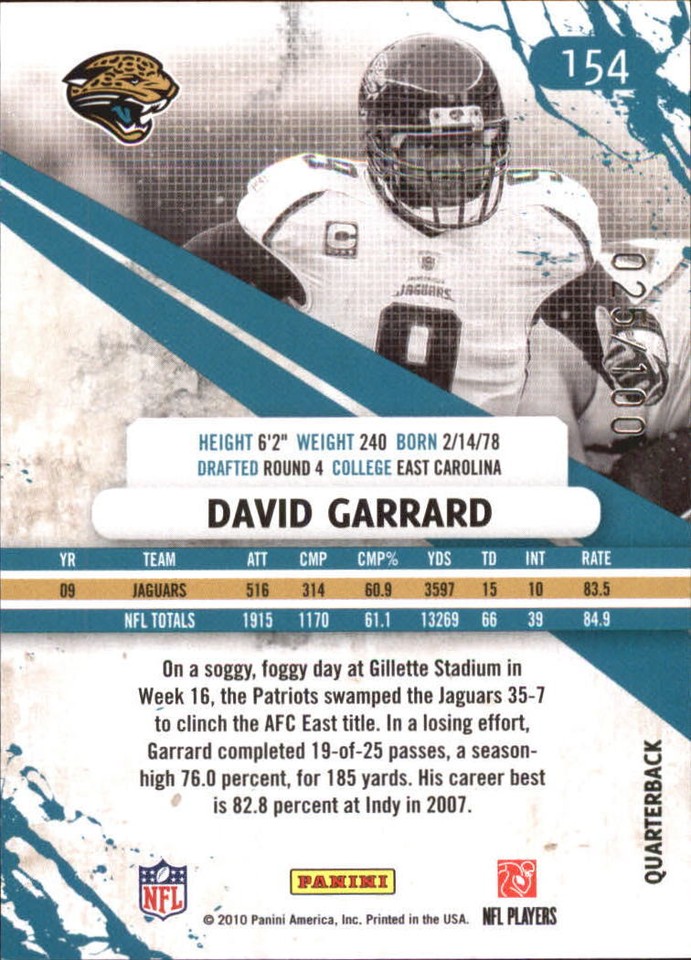 2010 Rookies and Stars Longevity Ruby Football Card #154 David Garrard ...