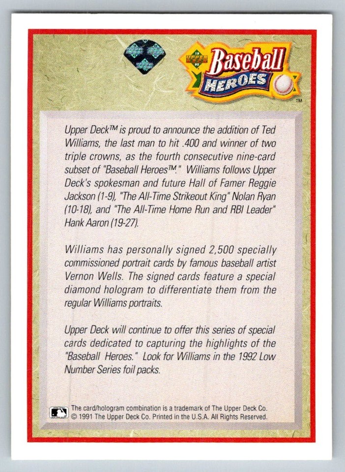 1992 UD Baseball Heroes Header Card Ted Williams NNO | eBay