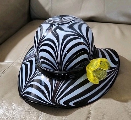 Murano Style Crystal Blown Glass Hat Blue & Burgundy Swirls Yellow ...