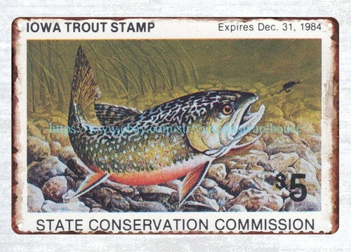 office bar interior design 1984 Iowa Trout Stamps fishing art metal tin ...