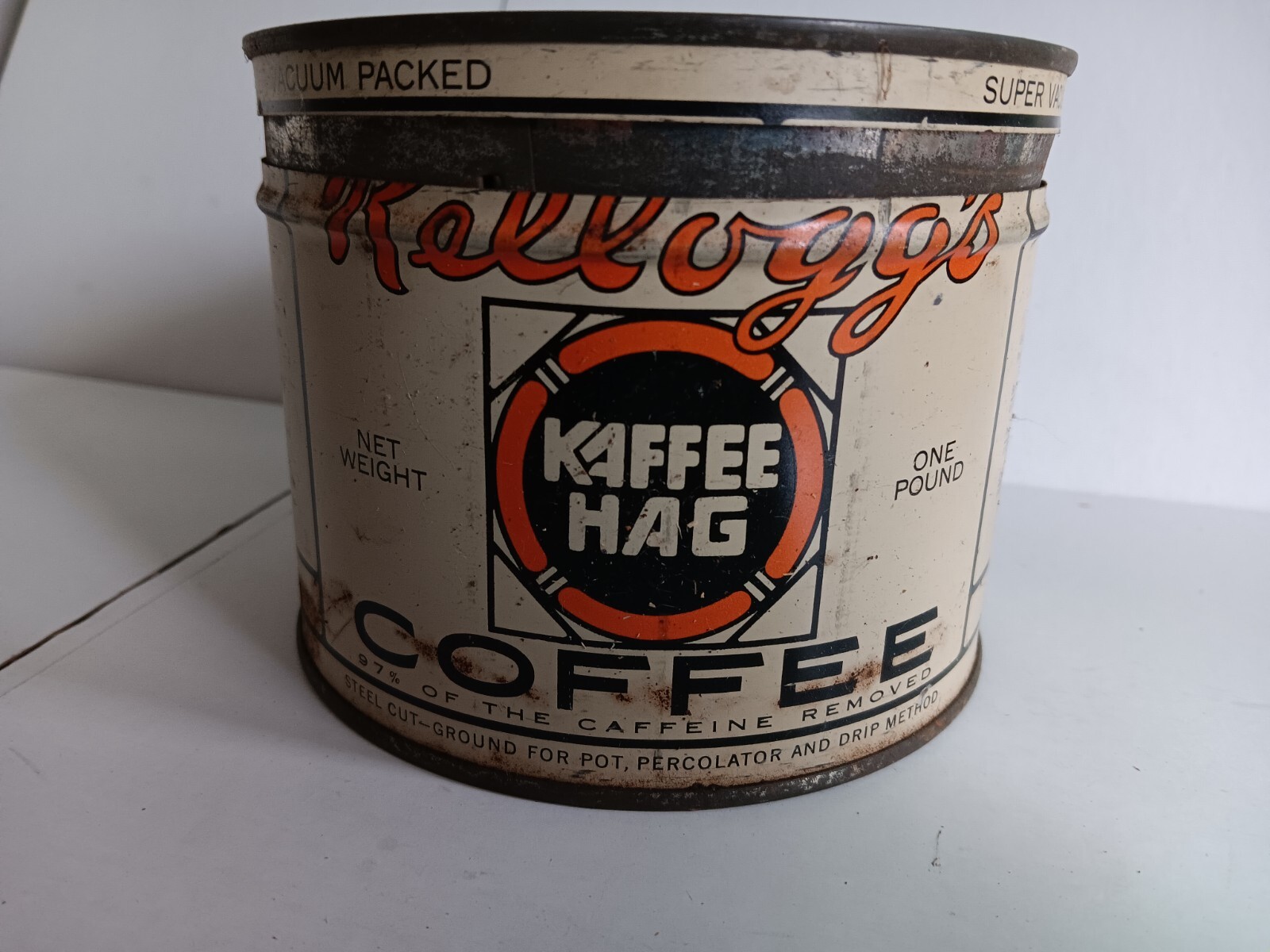 Vintage Kellogg's Kaffee Hag Coffee tin, 1930's, 1 lb key-wind w/key, w ...