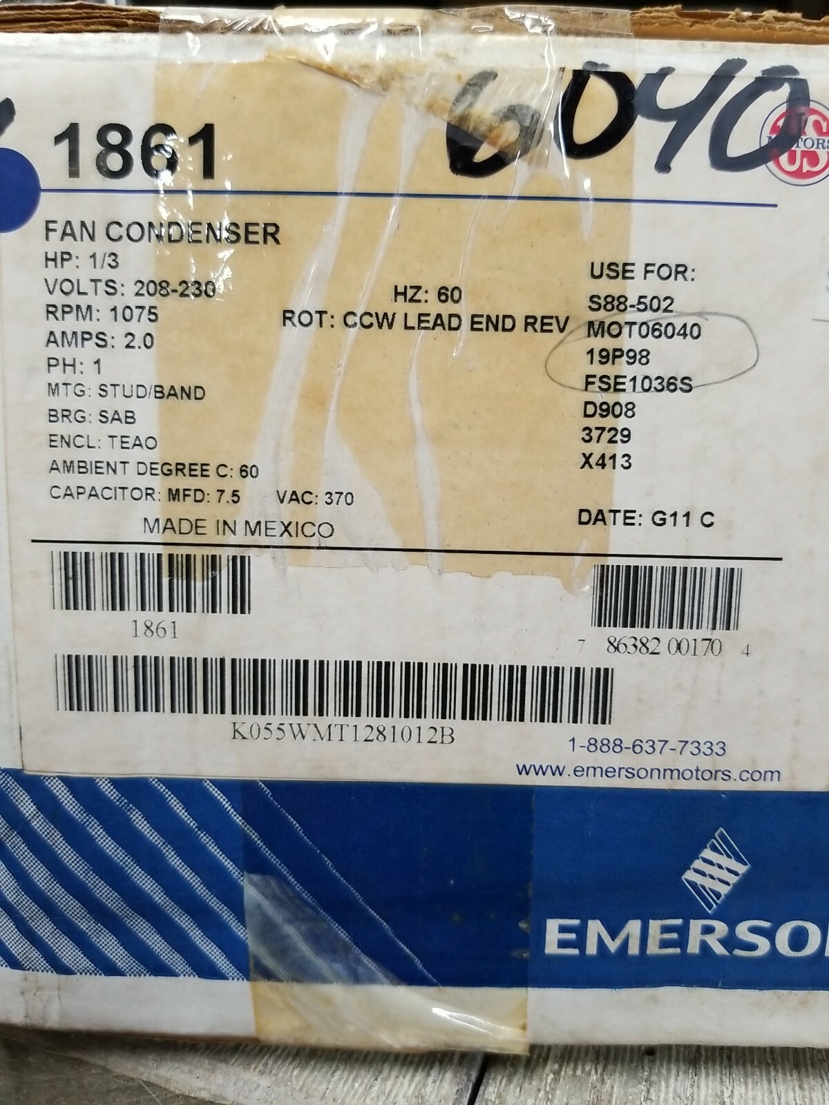 Emerson 1861 Condenser Fan Motor 208-230v 1/3 HP 1075 RPM 2.0 Amps for ...