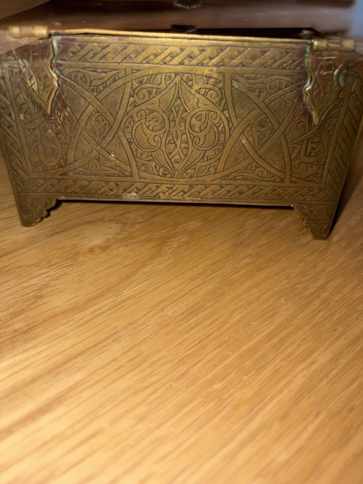 Antique Islamic Engraved Brass Casket Box Wood Lined Script Calligraphy ...