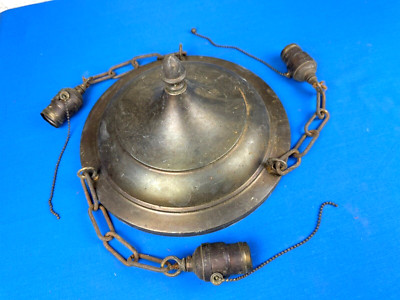 Antique Brass Flush Mount Light Fixture ~ 3 Hanging Sockets w/ Pull ...