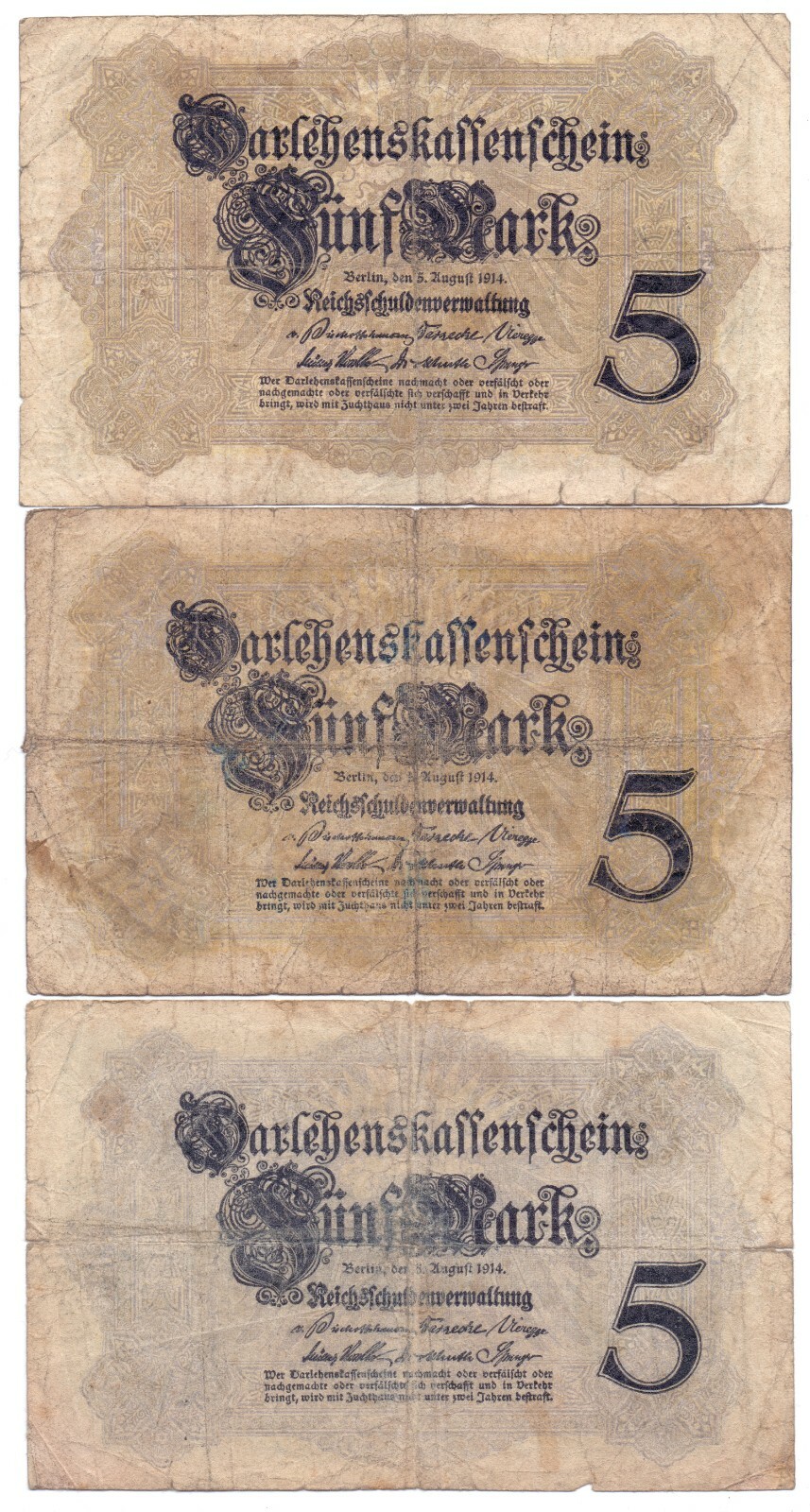 3x 1914 1st Issue German 5 Funf Mark Banknotes Germany ...