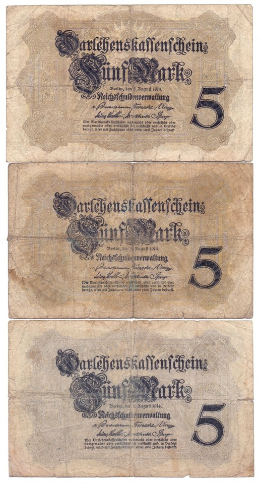 3x 1914 1st Issue German 5 Funf Mark Banknotes Germany ...