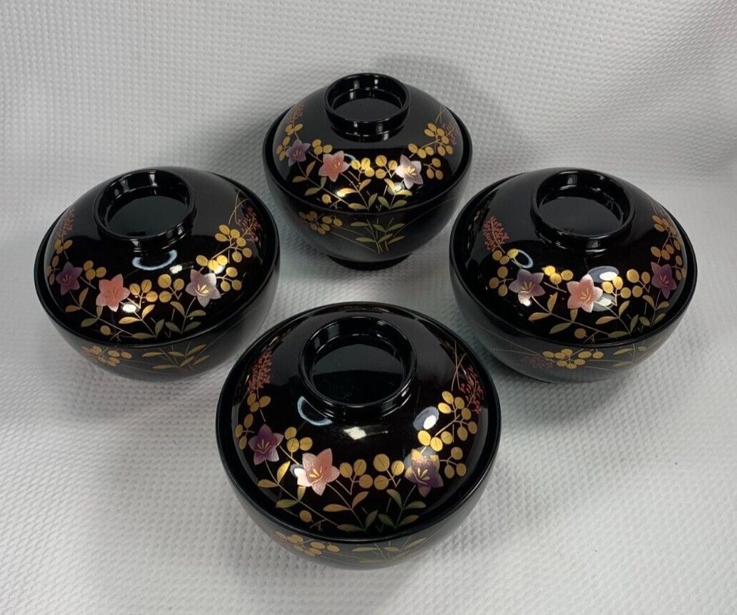 Japanese Aizu Lacquerware Soup Bowls w/ Lids – Set of 4 – Traditional ...
