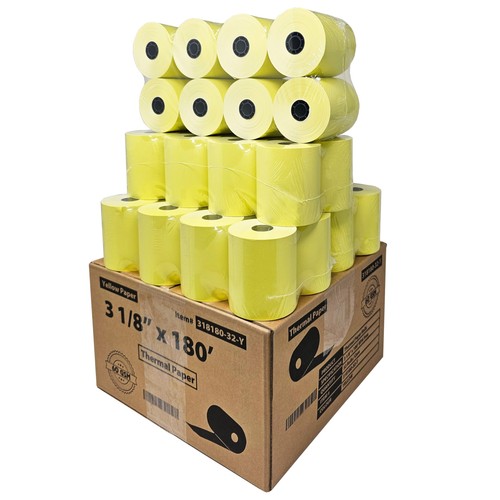 (32 Rolls) 3 1/8 x 180 Yellow Thermal Paper Receipt Rolls (60 GSM Paper ...