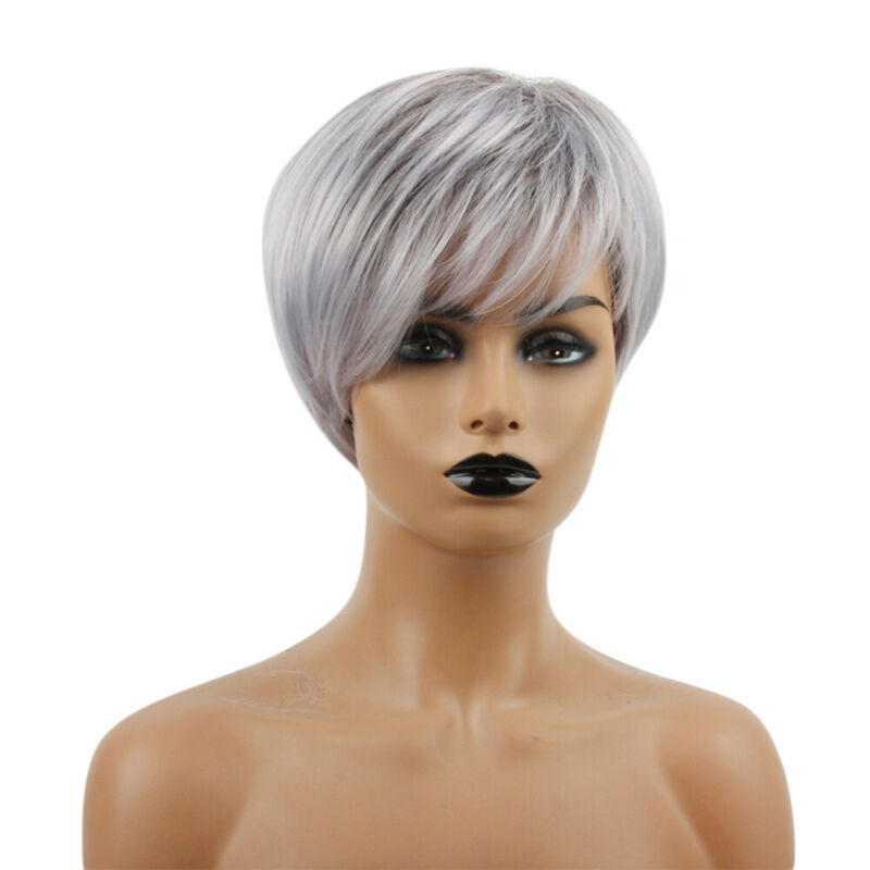 Women Pixie Cut BOB Hair Full Wig Silver Dark Root Short Straight Wigs ...