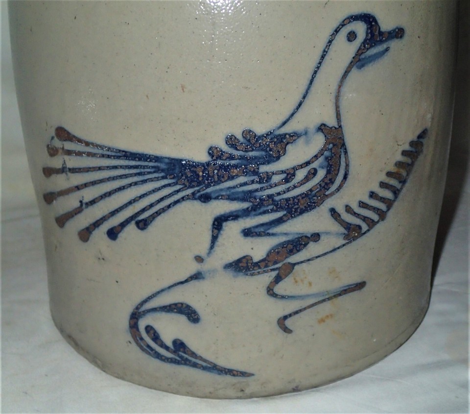ANTIQUE PRIMITIVE USA STONEWARE BLUE BIRD CROCK WHITES UTICA N.Y. SALT ...