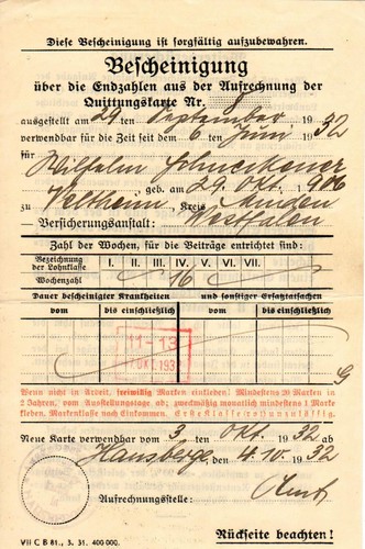 Germany, 1932, Vintage Receipt Card Certificate (Bescheinigung ...