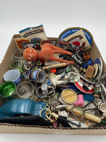 Estate Sale Junk Drawer Lot Pins Stickers Shot Glasses Key Chains | eBay
