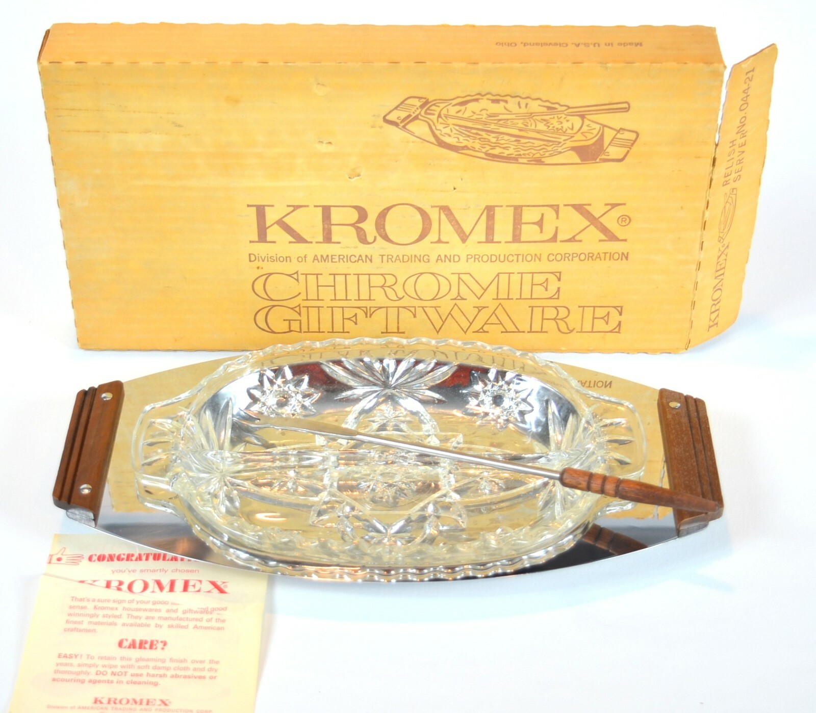 Vintage KROMEX Relish Server Wood Handle No. 044-21 w/ Fork * Made in U ...