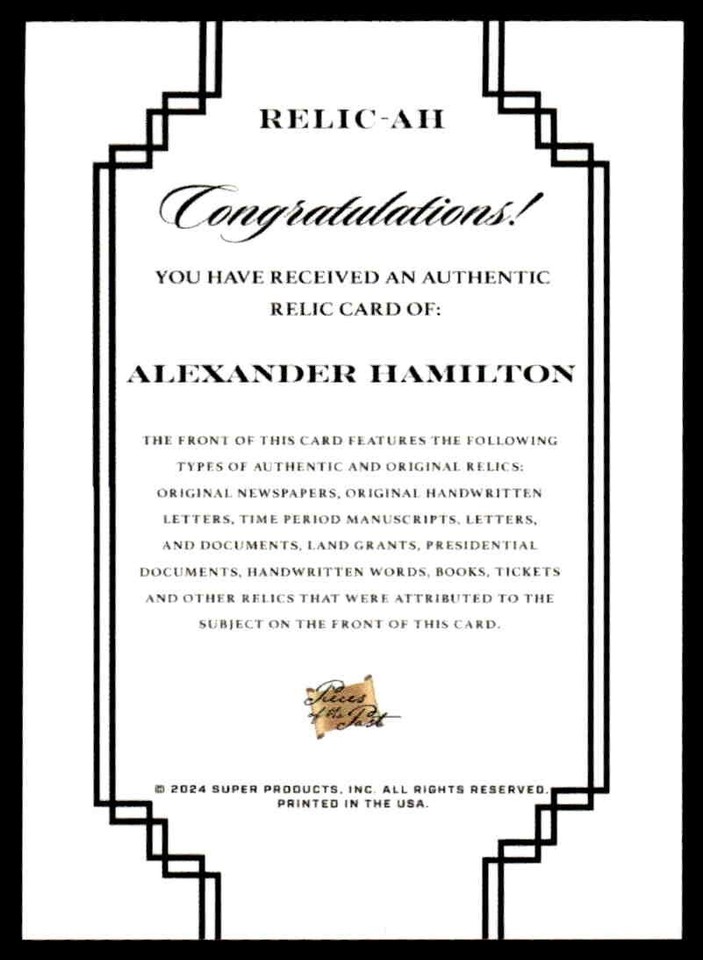 ALEXANDER HAMILTON Pieces of the Past Relic 2024 RELIC-AH HANDWRITTEN ...