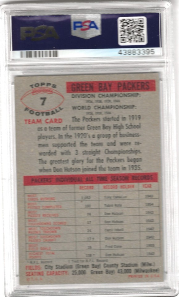 1956 Topps Football #7 Green Bay Packers Team PSA 8 NQ | eBay