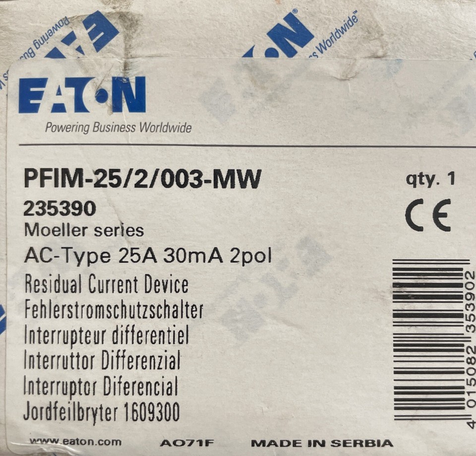 EATON PFIM-25/2/003-MW CIRCUIT BREAKER AC Type 25A 30mA 2 Pol Moeller ...