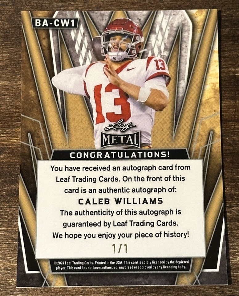‼️2024 LEAF METAL CALEB WILLIAMS RC AUTO TRUE #1/1 USC CHICAGO BEARS ...