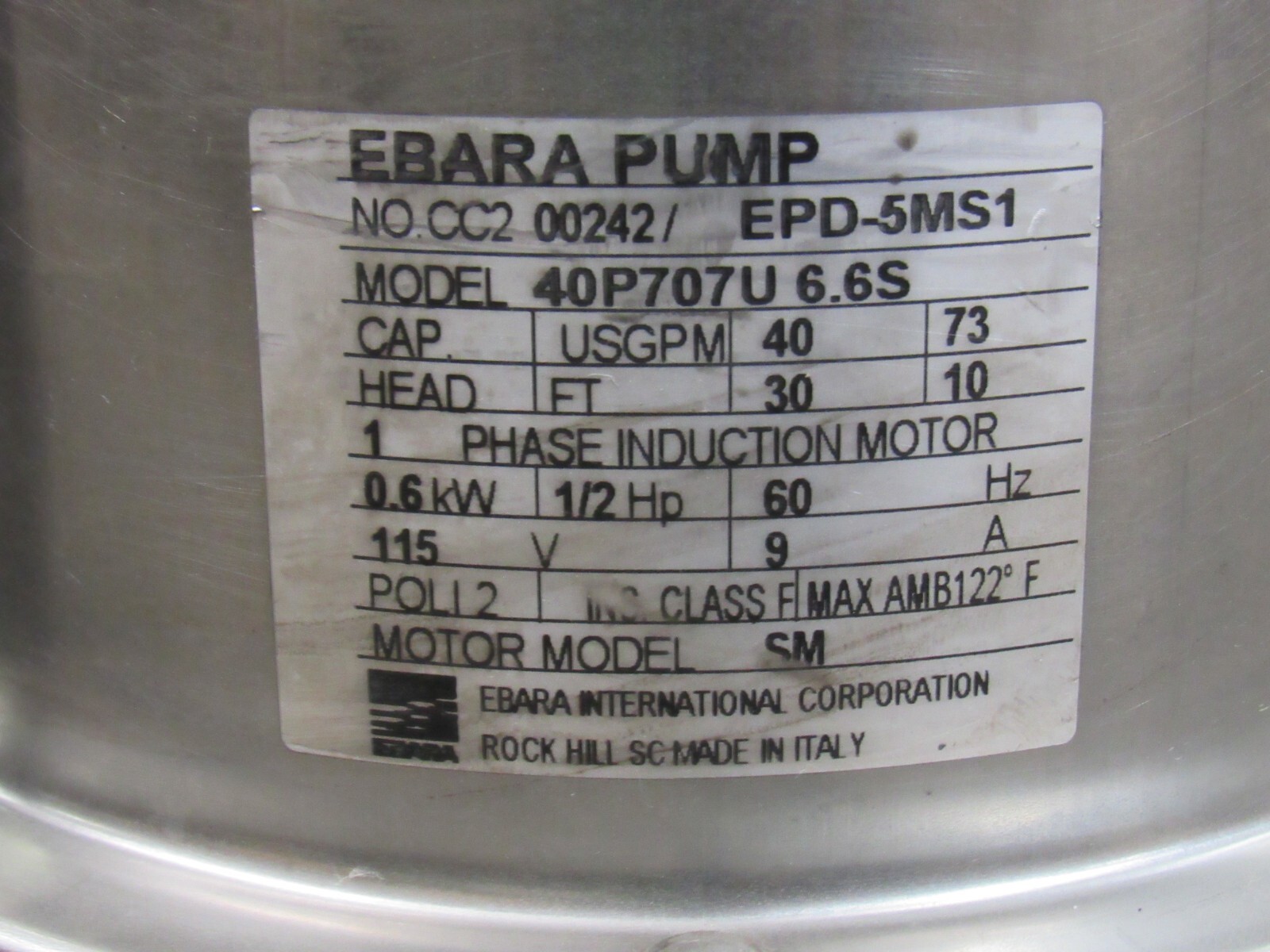 EBARA S/S STAINLESS SUBMERSIBLE PUMP EPD-5MS1 40P707U 6.6S 1PH 115V 1 ...