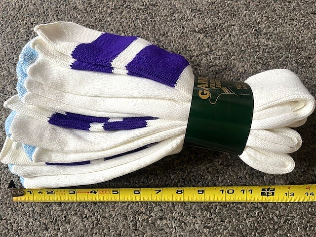 4 VINTAGE EXTRA LONG white purple stripes TUBE SOCKS 26'' TALL ORLON ...