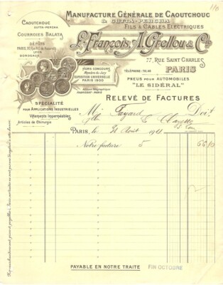 Antique Invoice L.François & A.Grellou Gutta Percha Tyres Automobile ...