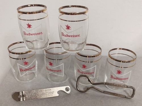 Vintage Set NM 6 Budweiser Bud Beer Barrel Gold Rim Tasting Glasses + 2 ...
