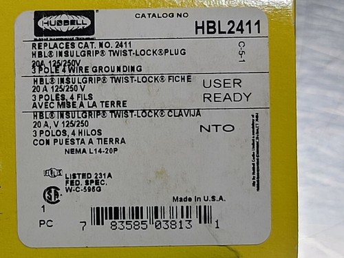 NEW Hubbell HBL2411 Insulgrip Twist-Lock Plug 3P/4W 125/250V NEMA L14 ...