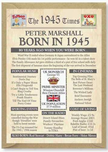 80th BIRTHDAY CARD - FUN FACTS BORN IN 1945 PERSONALISED Cards for Men ...
