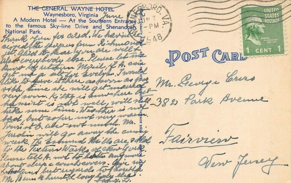 The General Wayne Hotel A Modern Hotel Waynesboro,VA Vtg 1948 Linen ...