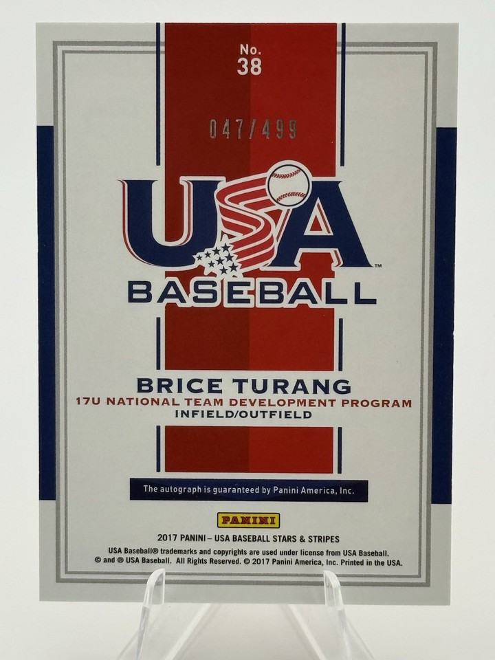 Brice Turang #047/499 2017 Panini Stars & Stripes USA Baseball 17U AUTO ...