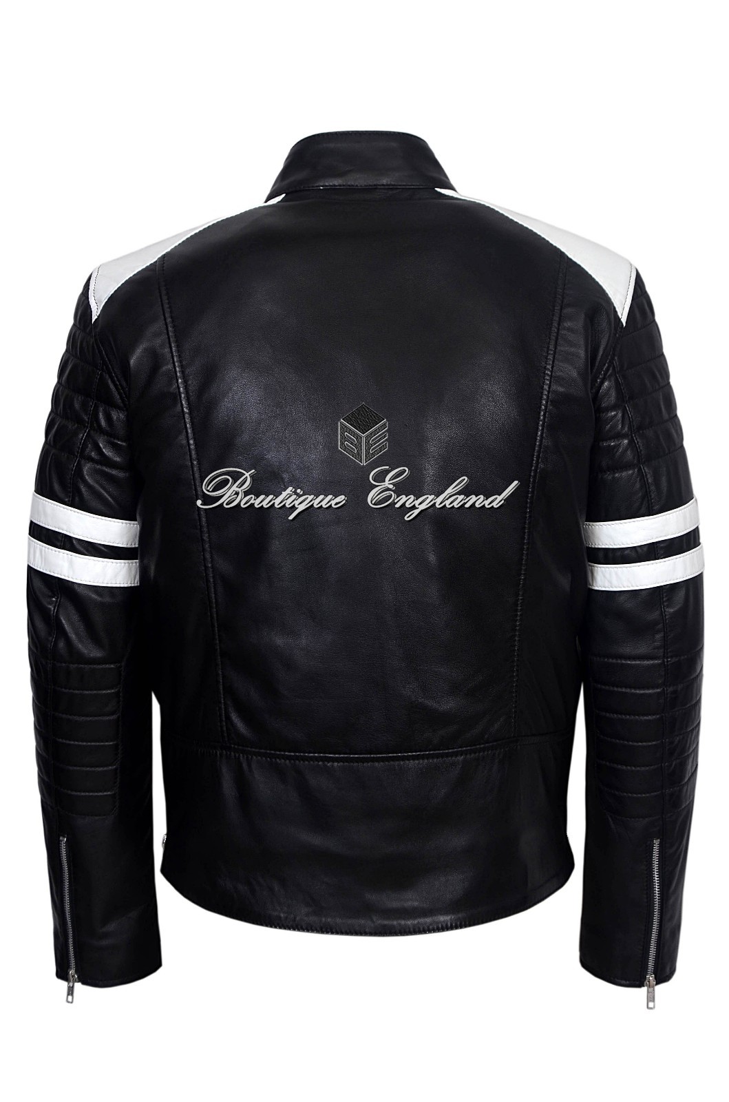 Men's 'MAYHEM' Leather Jacket Black with WHITE Stripe Biker Style REAL ...