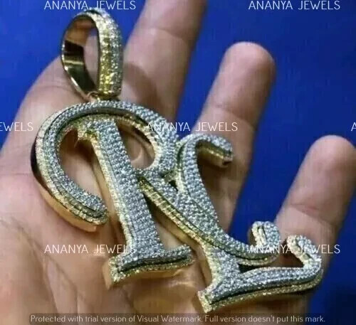 3 Ct Round Cut Moissanite Men's Custom RL Initial Pendant 14K Yellow ...