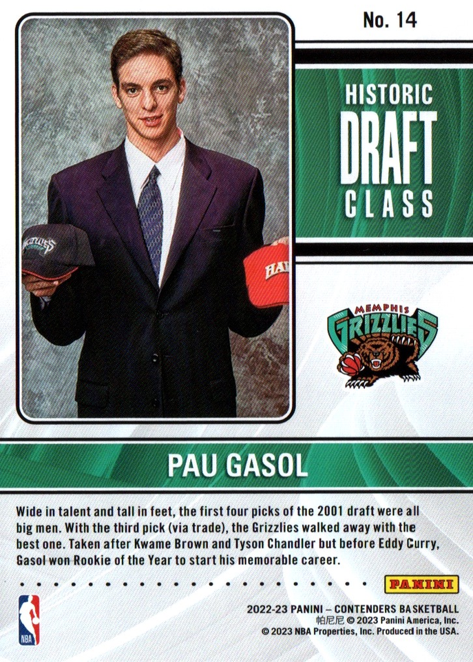 2022-23 Panini Contenders Historic Draft Class Pau Gasol #14 Insert Card | eBay
