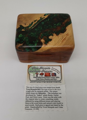 WOODEN TRINKET BOX TEXAS MESQUITE BURL WITH INLAID MALACHITE - SIGNED ...