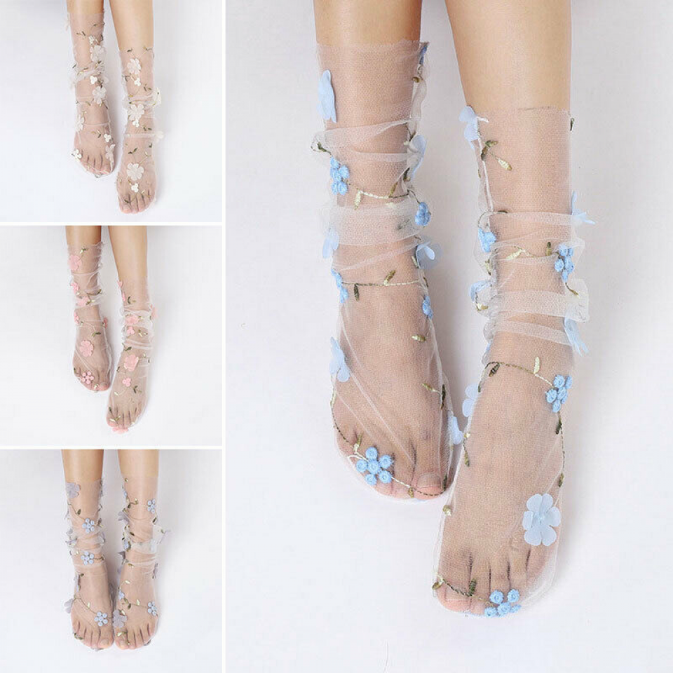 Women Lace Sheer Socks Floral Transparent Mesh Socks Ankle Socks Summer ...
