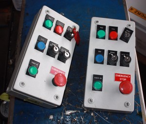 Box with emergency stop power pass fail step buttons switches & 3 key ...