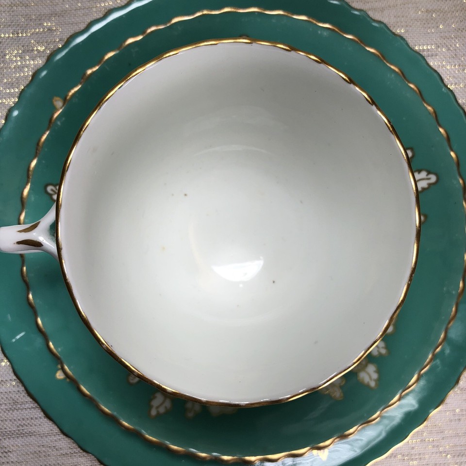 Antique Edwardian Era Green Gold Split Handle Tea Cup & Saucer & Plate ...