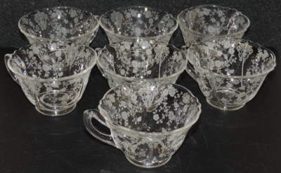 7 VINTAGE CAMBRIDGE GLASS ETCHED ROSE POINT PATTERN 2 1/2" CUPS, 3 7/8 ...