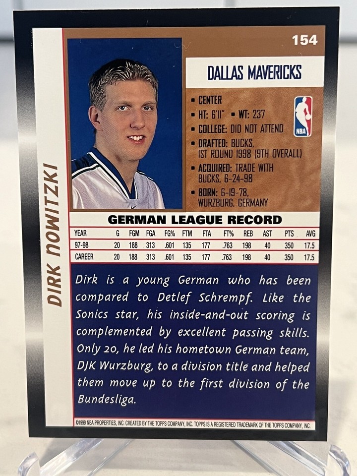 Dirk Nowitzki ROOKIE 1998-99 Topps Dallas Mavericks RC #154 | eBay