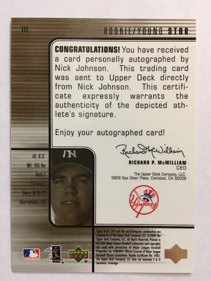 2000 UPPER DECK SPX NICK JOHNSON AUTOGRAPH AUTO ROOKIE 'd 1500 | eBay