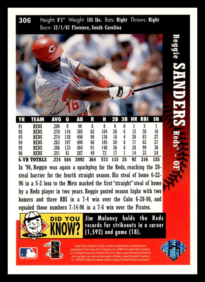 1997 Collector's Choice #306 Reggie Sanders Cincinnati Reds Baseball ...
